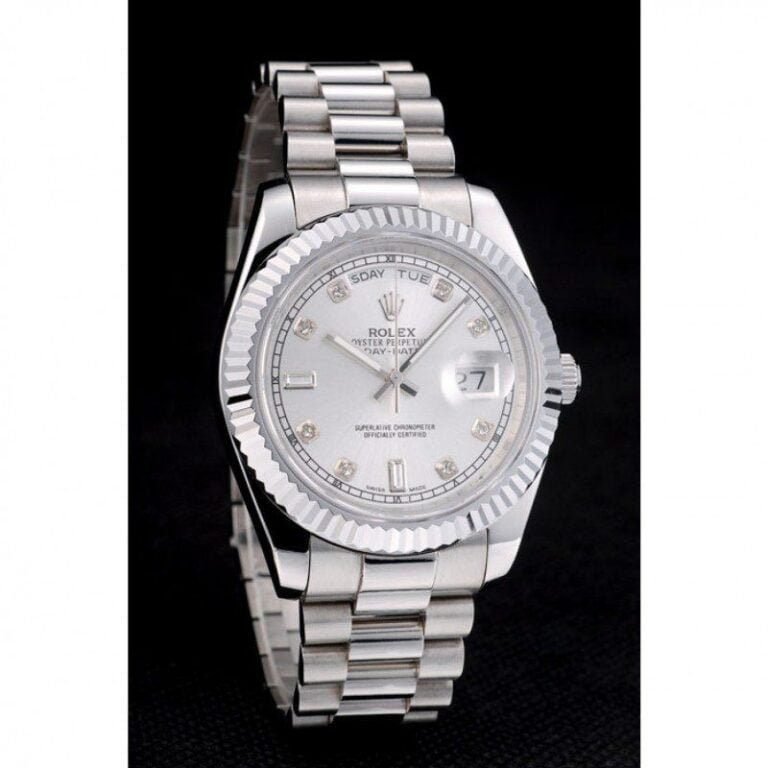 Rlx DayDate Stainless Ribbed Bezel Silver Watch - SwiZZWatches